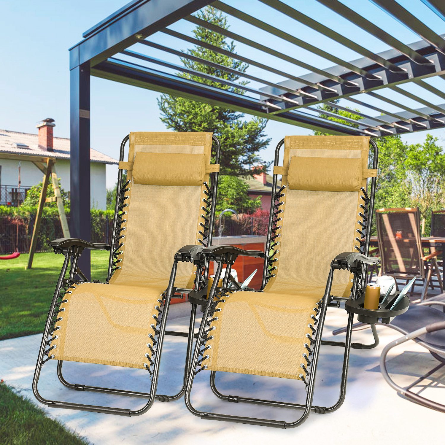 2-Pack Zero Gravity Lounge Chairs with Trays and Pillows Foldable ...